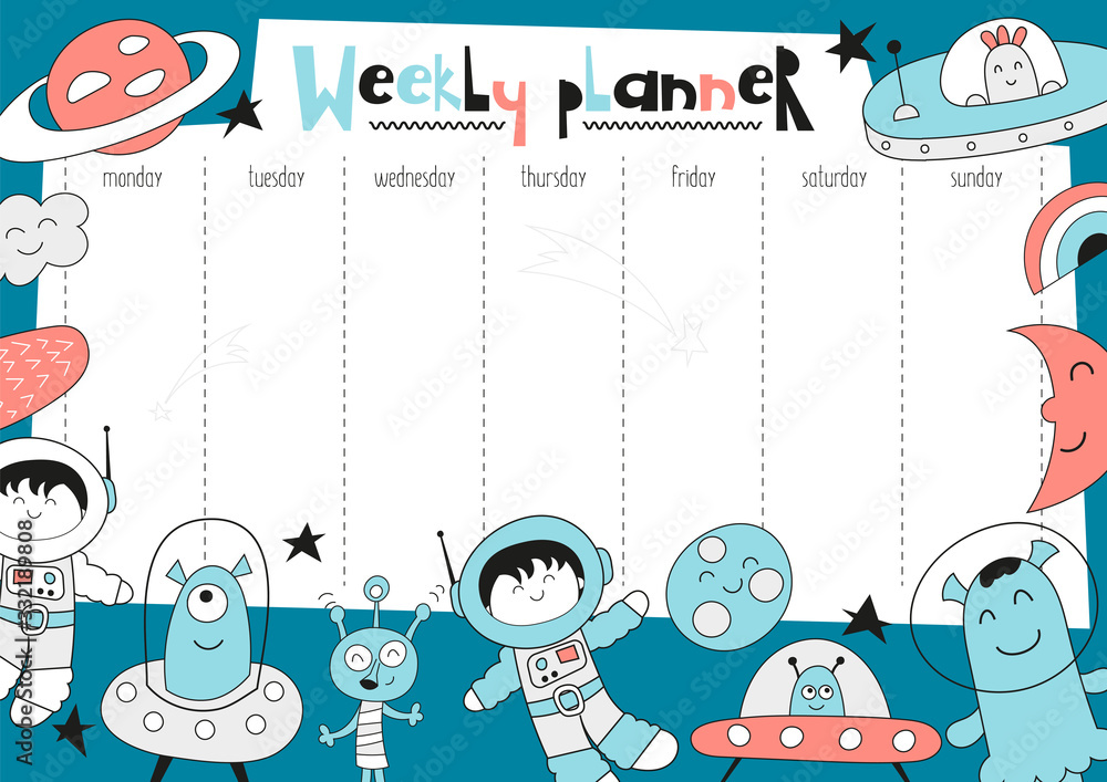 Weekly planner with funny outer space and funny cartoon cosmos ...