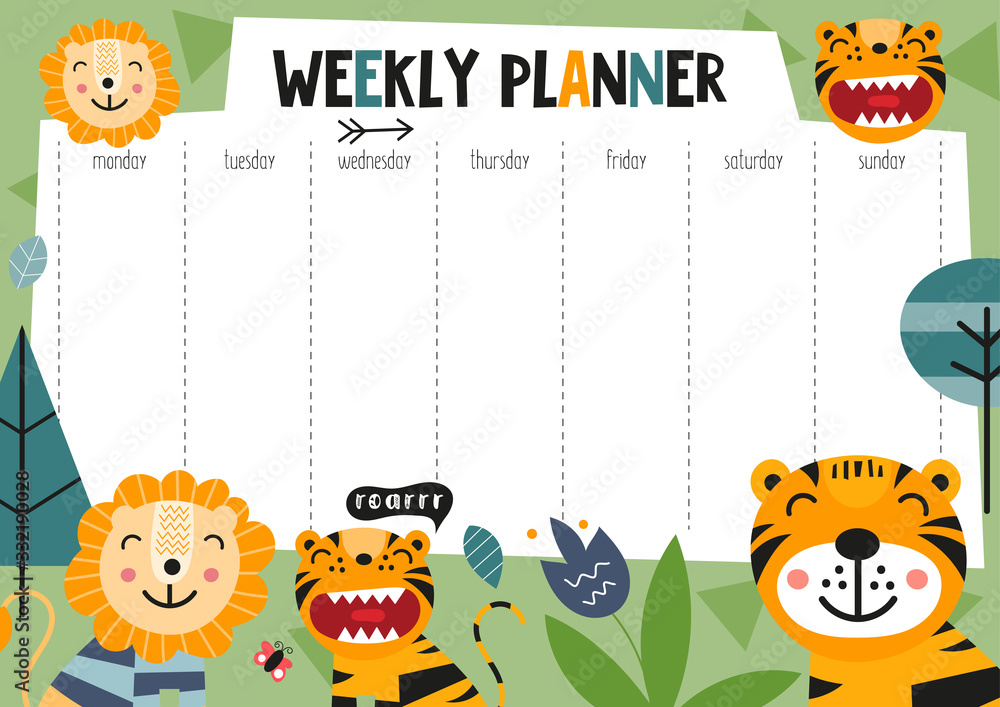 Weekly planner with funny jungle animals in doodle cartoon style. Kids ...