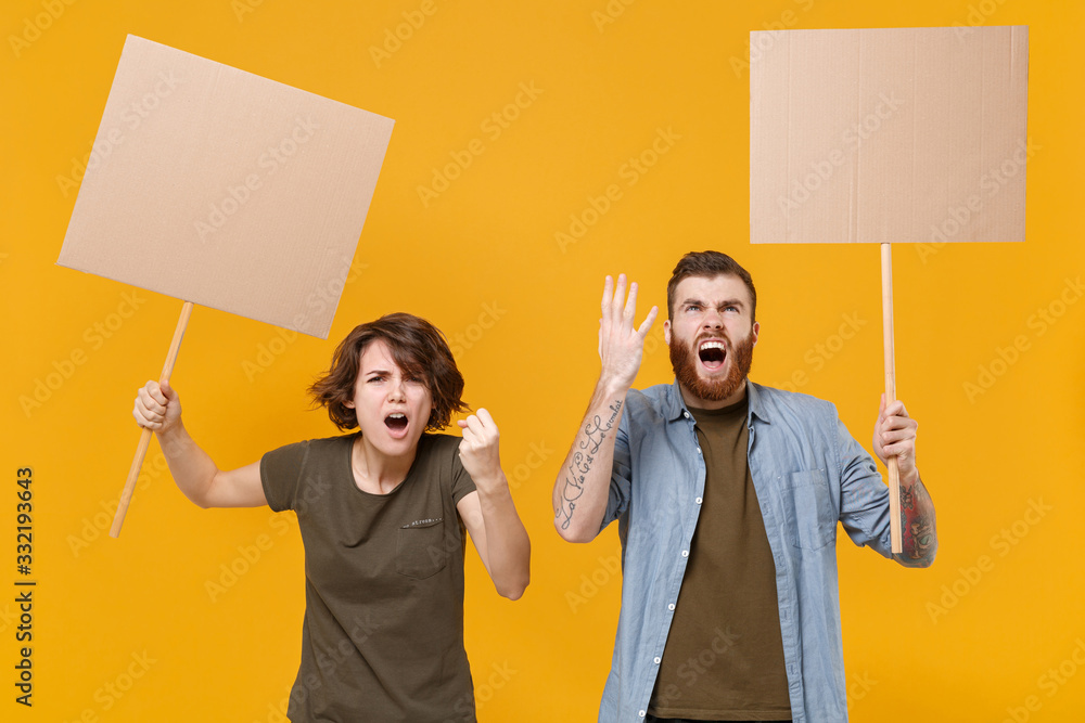 Angry protesting people guy girl hold protest signs broadsheet blank ...
