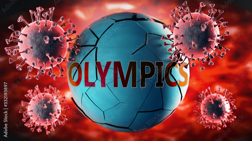 Covid-19 virus and olympics, symbolized by viruses destroying word ...