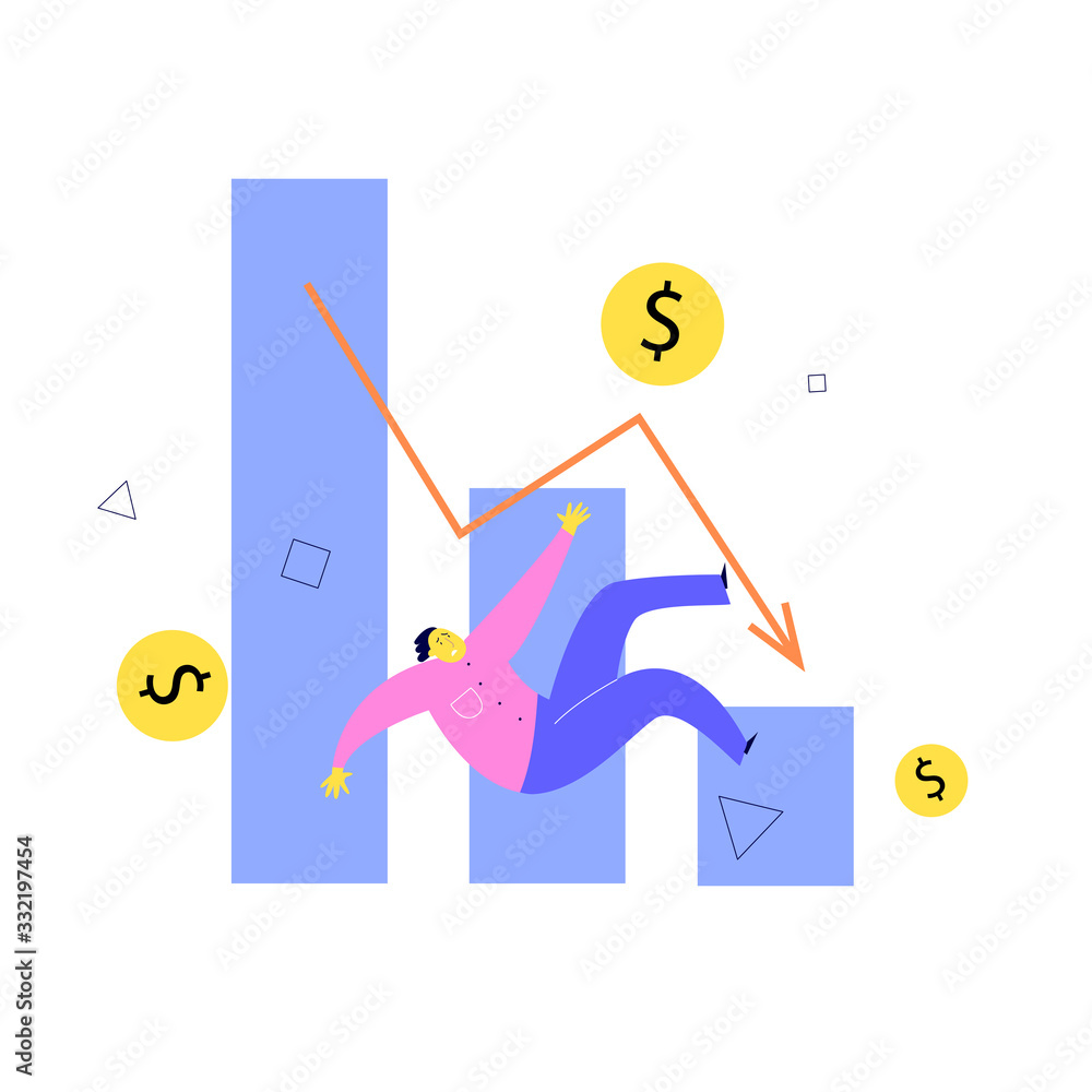 Vector illustration of man falling from stylized graph. Investment ...