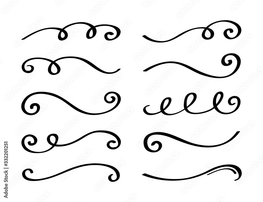 Vetor de Ornament divider collection. Hand drawn collection of curly swishes. Calligraphy swirl ...