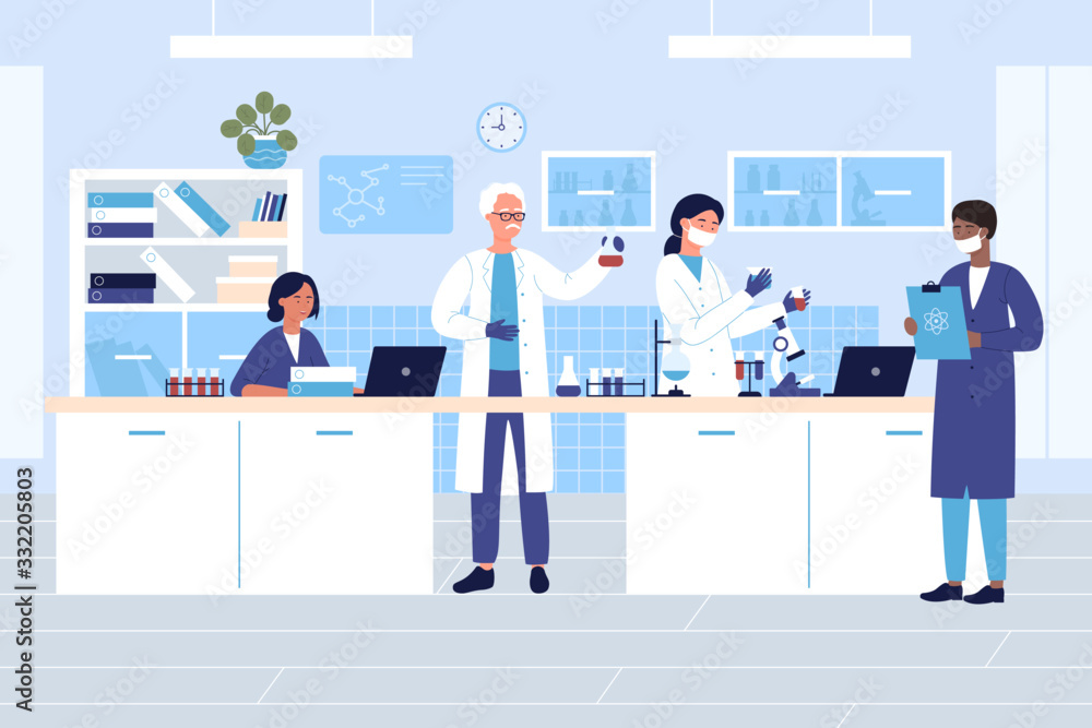 Group scientists in medical or chemical laboratory flat vector ...