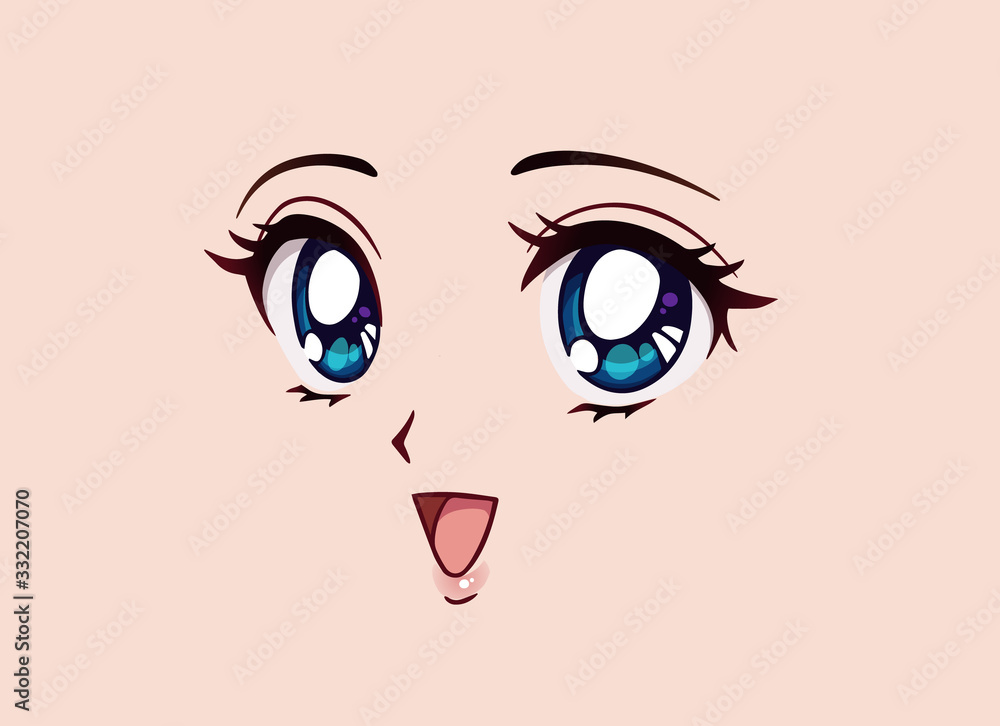 Happy anime face. Manga style big blue eyes, little nose and kawaii ...