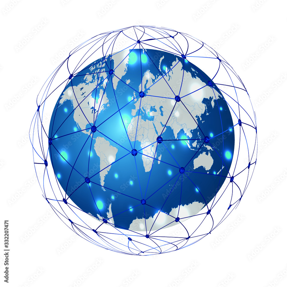Globe map, country map, world description, global network, blue ...