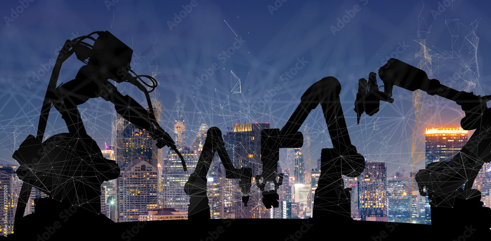 Silhouette of modern automation robot arms with Ai assistant technology ...