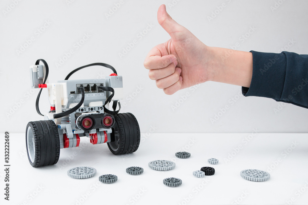 Minsk, Belarus. November, 2018. Robotic car. Robot Lego Mindstorms EV3 ...