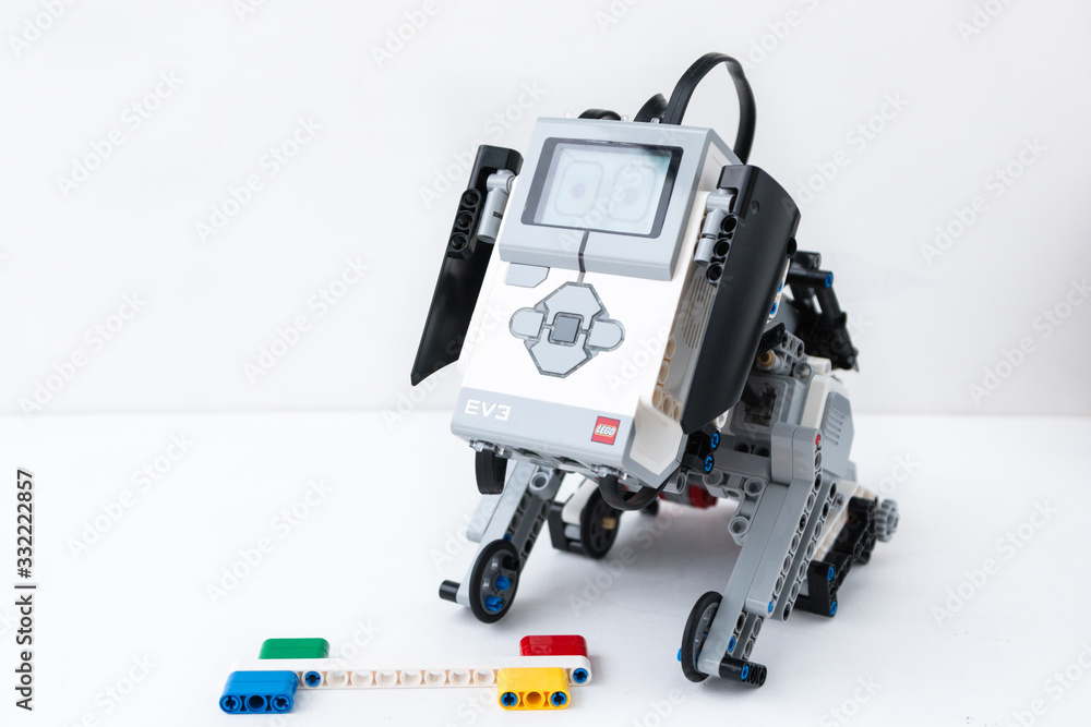 Minsk, Belarus. November, 2018. Robotic car. Robot Lego Mindstorms EV3 ...