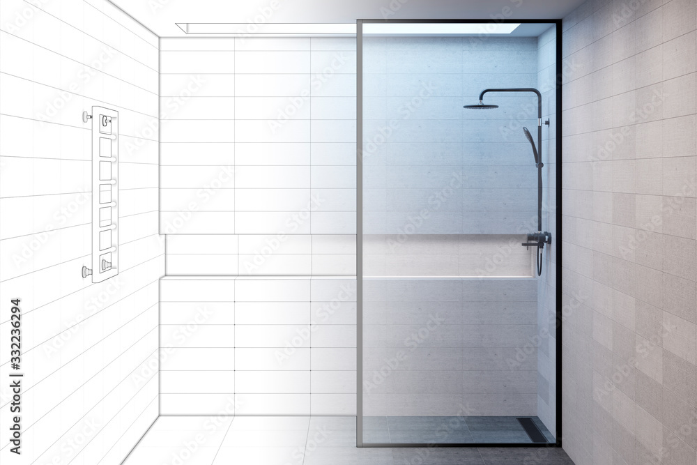 The sketch becomes a real empty minimalistic shower room with a window ...