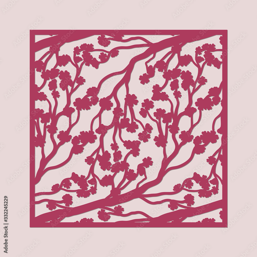 Laser cut vector square panel with cherry blossom branches pattern ...