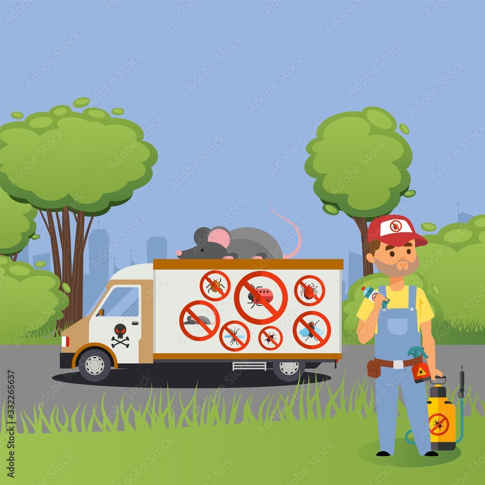Car with big mouse, control of pests, working character male, toxic ...
