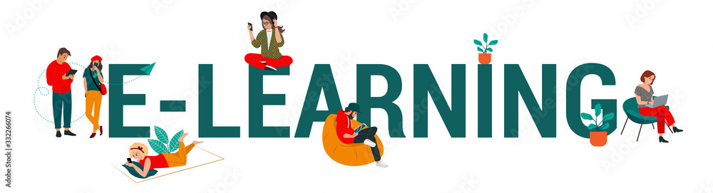 Web banner design for E-learning, internet school illustration of young ...