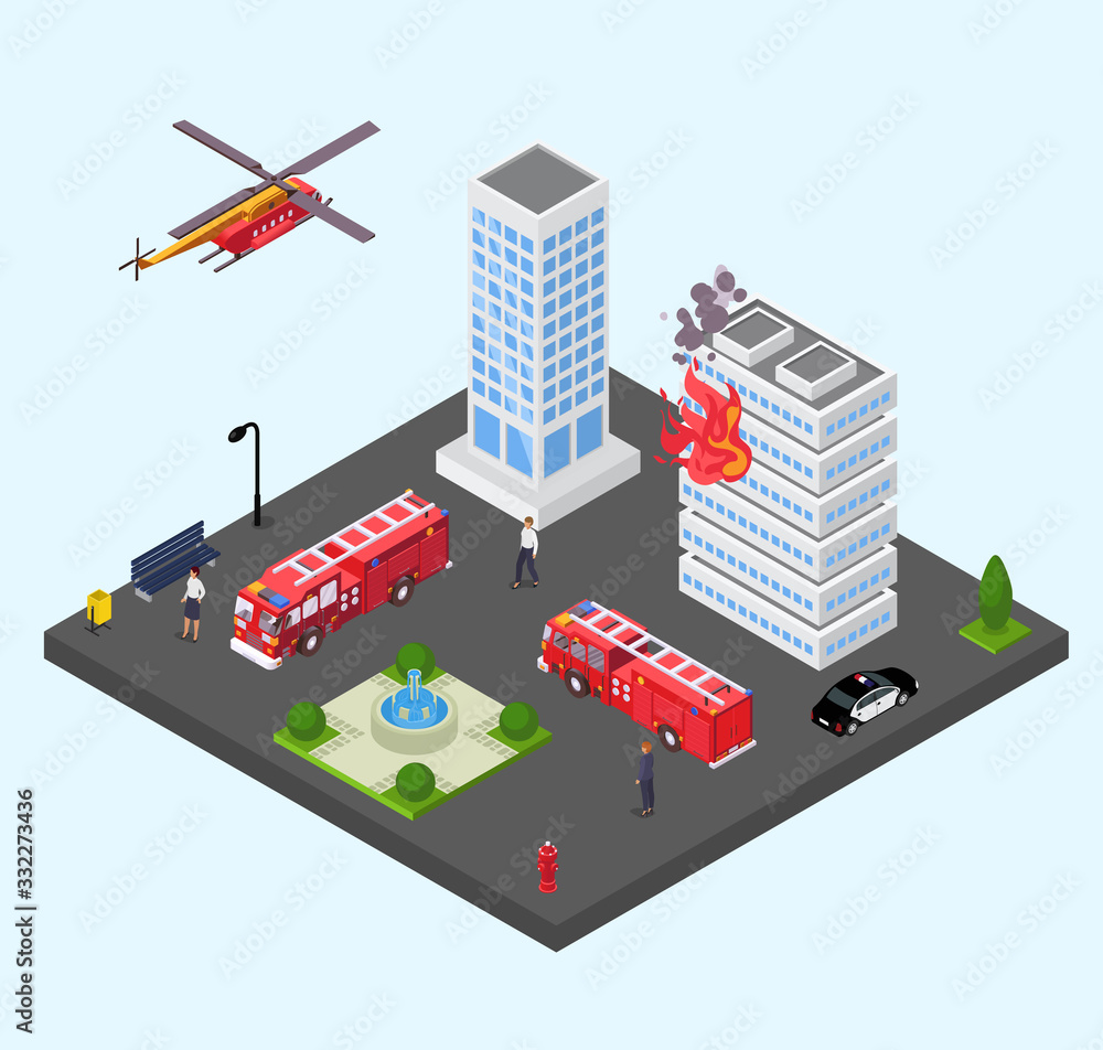Building in fire vector illustration isometric. Emergency firefighting ...