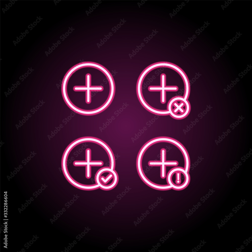Plus, plus, check, minus, exclamation sign neon icon. Simple thin line ...
