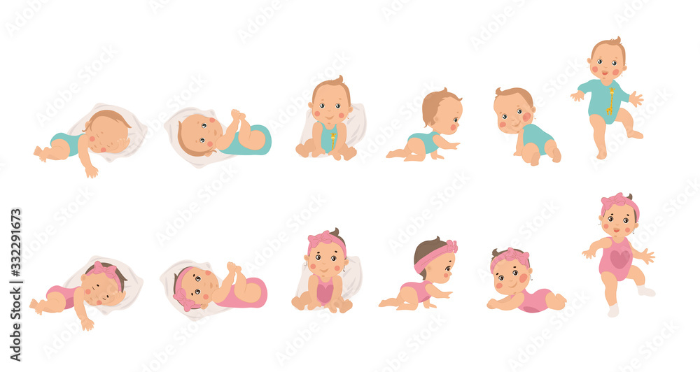 Set of young baby health and development icons for a boy and girl from ...