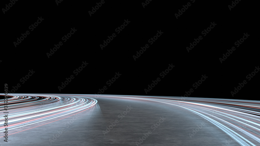 3D Rendering of curved asphalt road surface with led light reflection ...