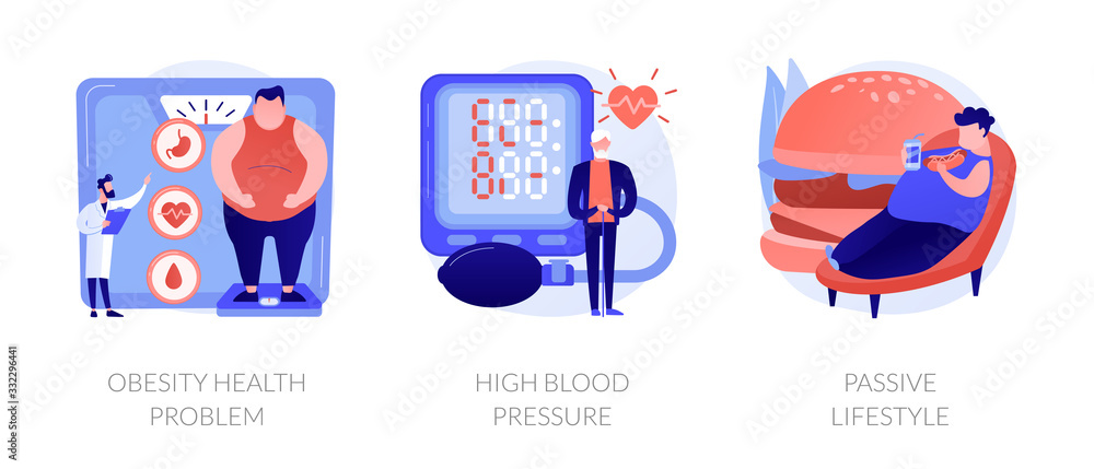 Overweight issue, heart disease treatment, unhealthy pastime icons set ...