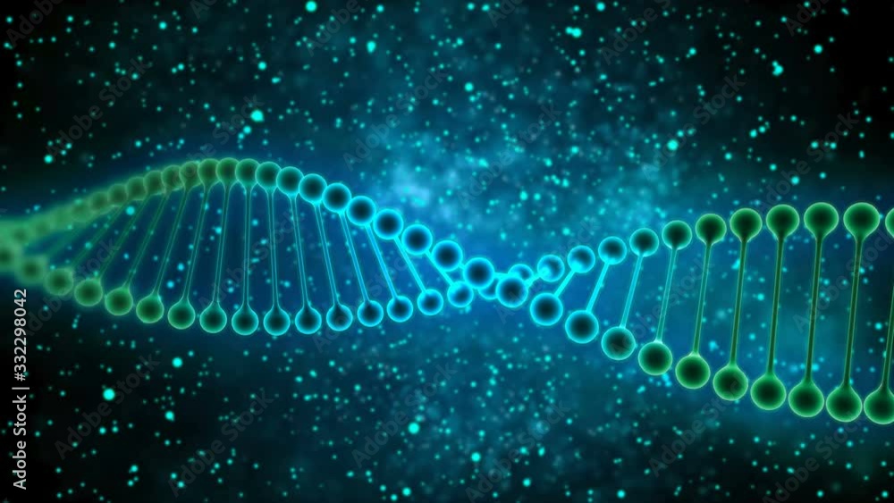 3D animation of abstract DNA on glowing light blue animated particles ...