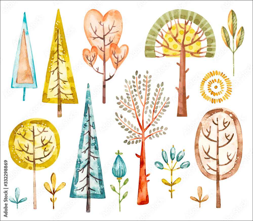 Tree vector watercolor set. cute watercolor nursery cartoon baby tree ...