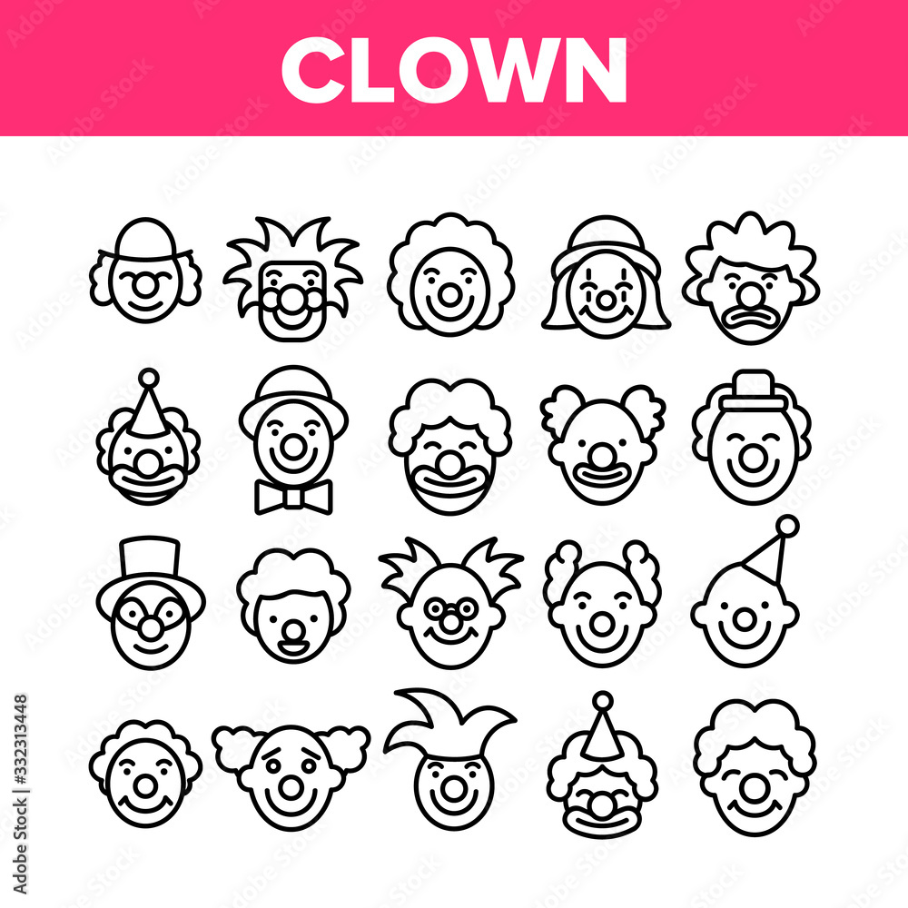 Clown Circus Character Collection Icons Set Vector. Happy Smiling And ...