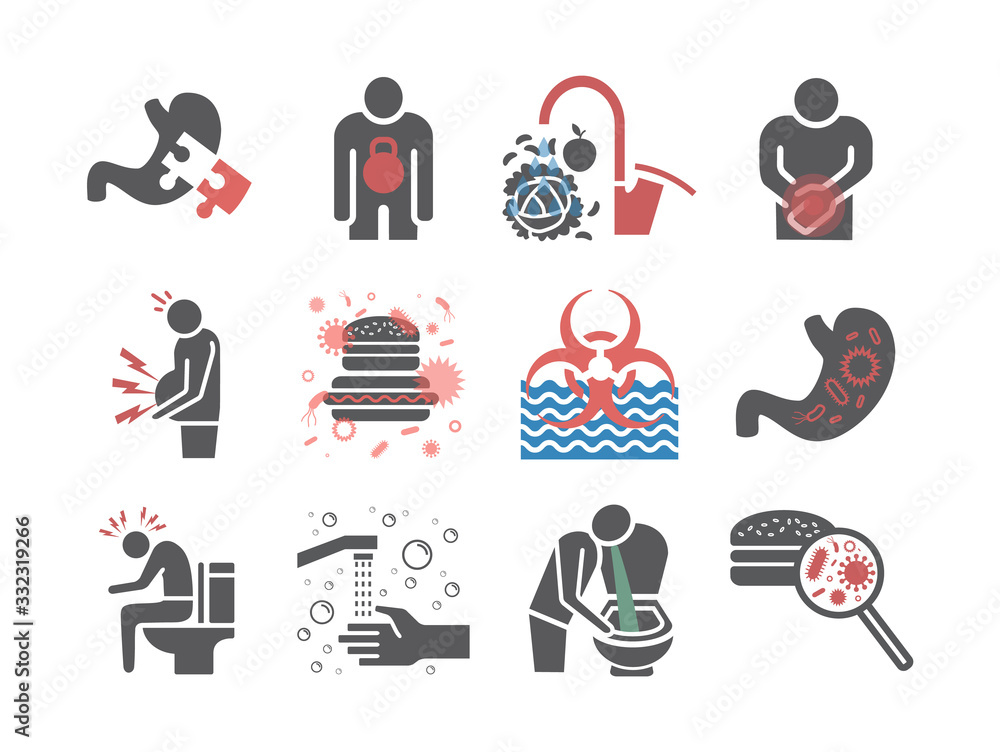 Food and water poisoning icons. Hygiene symbols. Vector signs for web ...