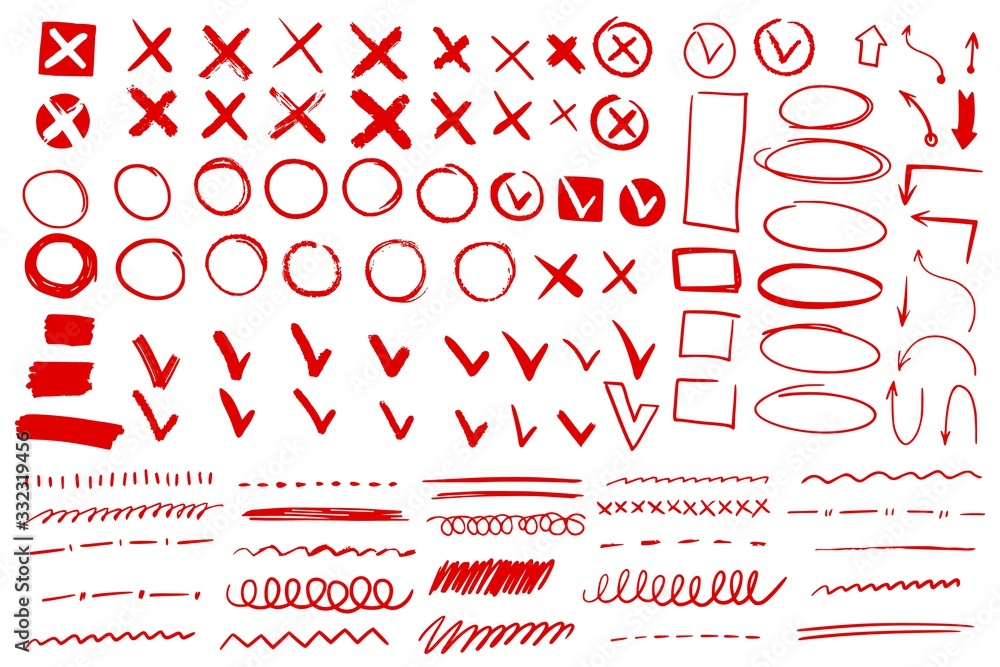 Vetor de Doodle check mark and underline. Hand drawn red check tick ...