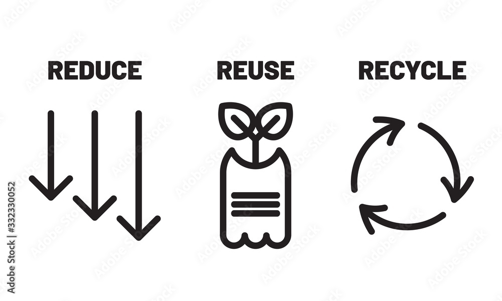 Reduce, Reuse, Recycle icon set. Ecology, zero waste, sustainability, nature protection, eco ...