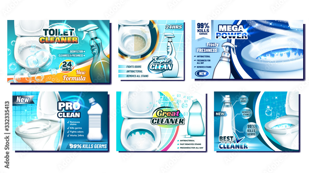 Toilet Cleaner Promo Advertise Posters Set Vector. Blank Spray And ...