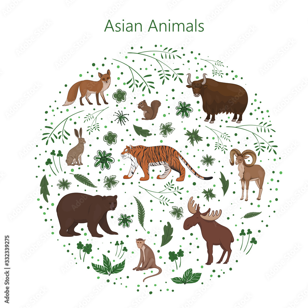 Vector set of cartoon cute Asian animals with leaves flowers and spots ...