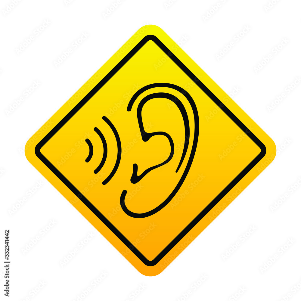 Ear and sound wave warning banner. Noise hazard symbol. Yellow sign ear ...