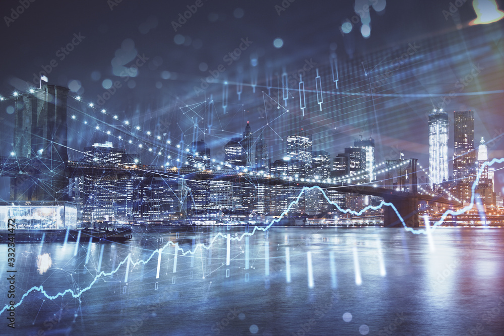 Financial chart on city scape with tall buildings background multi ...