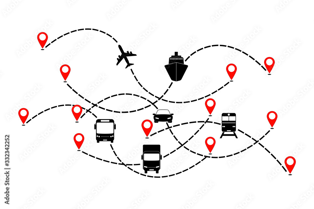 Line path of transportation route with start point GPS and black dash ...