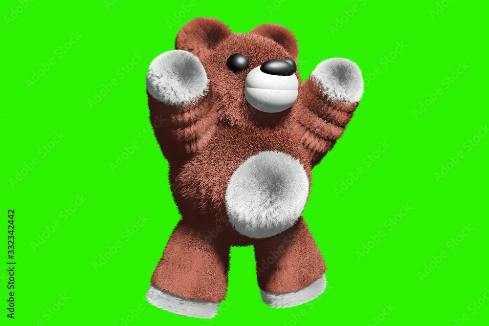 3D RENDERING ILLUSTRATION Brown Teddy bear raise 2 hands on green ...