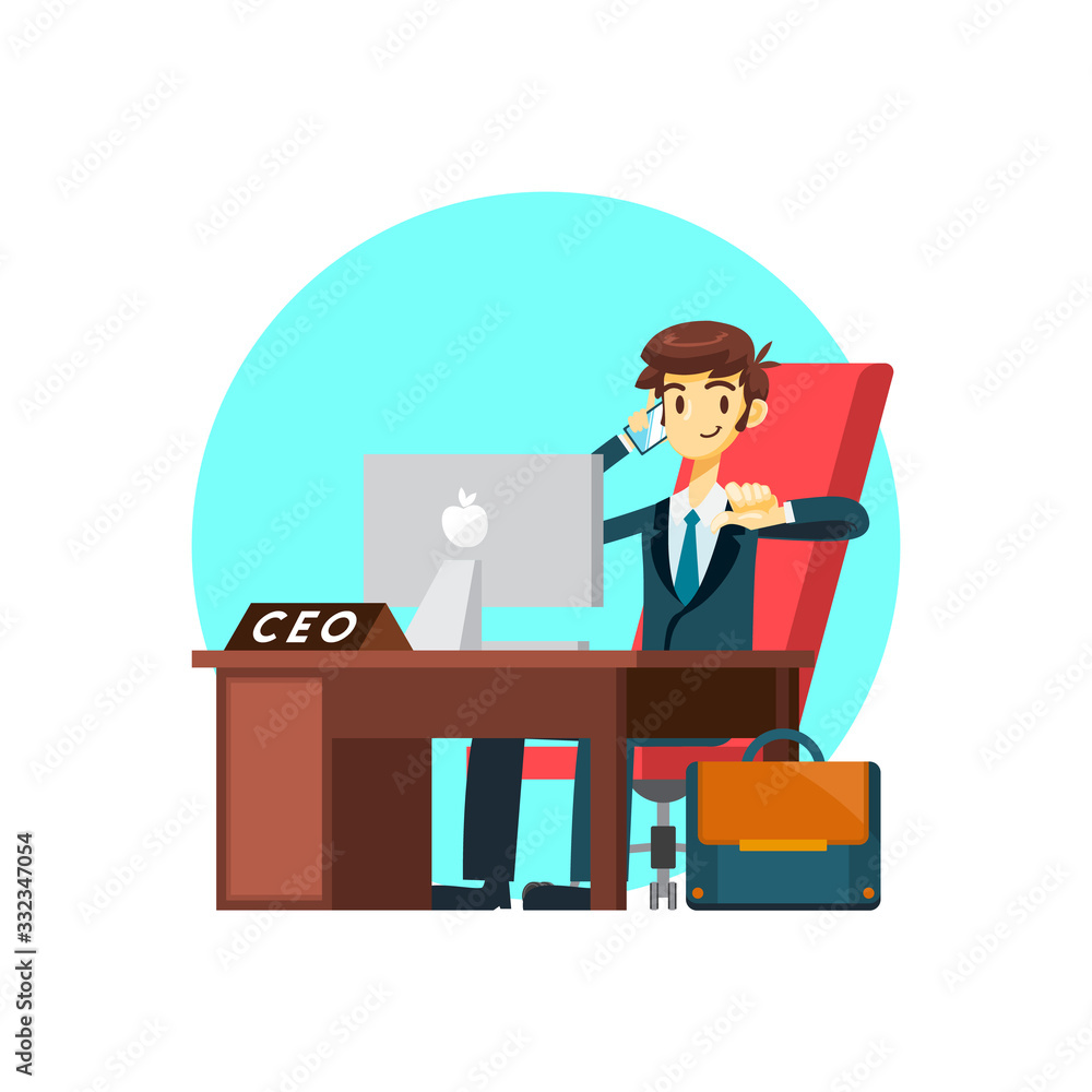 businessman cartoon character sit in front of desk with proud and ...
