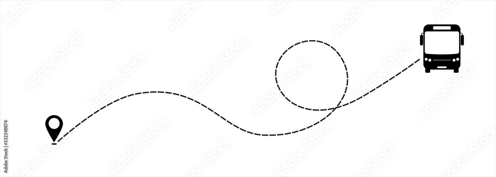 Bus line path of bus road route with start point GPS and black dash ...