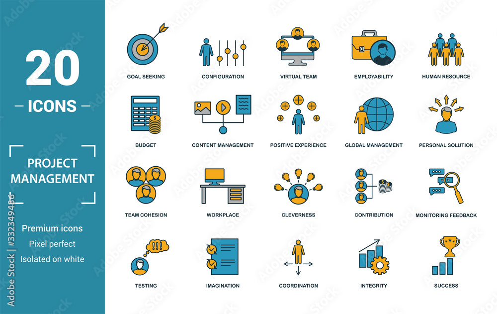 Project Management icon set. Include creative elements goal seeking ...