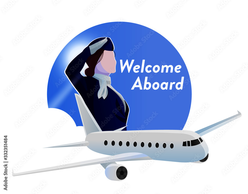 Welcome aboard stewardess with airplane vector illustration Stock ...