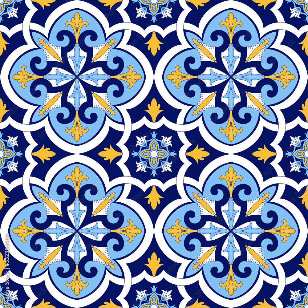 Spanish tile pattern vector seamless with floral motifs. Sicily italian ...