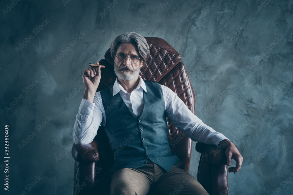 Portrait of charismatic elegant old man boss company owner sit chair ...