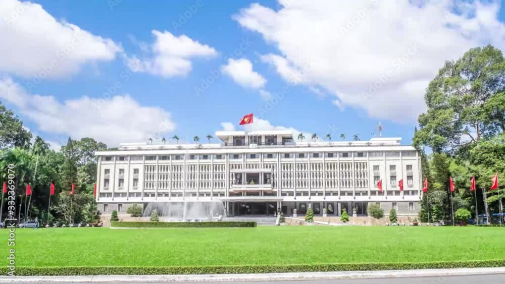 Front view hyperlapse of Independence Palace of Ho Chi Minh City, also known as Reunification ...
