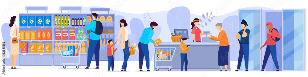 People in grocery store, line at cash desk, supermarket customers ...