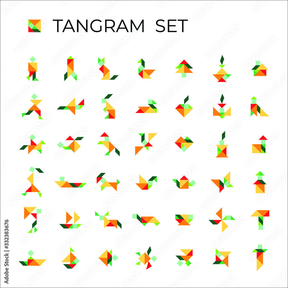 Vector set of tangrams consisting of 42 color illustrations. Isolated ...