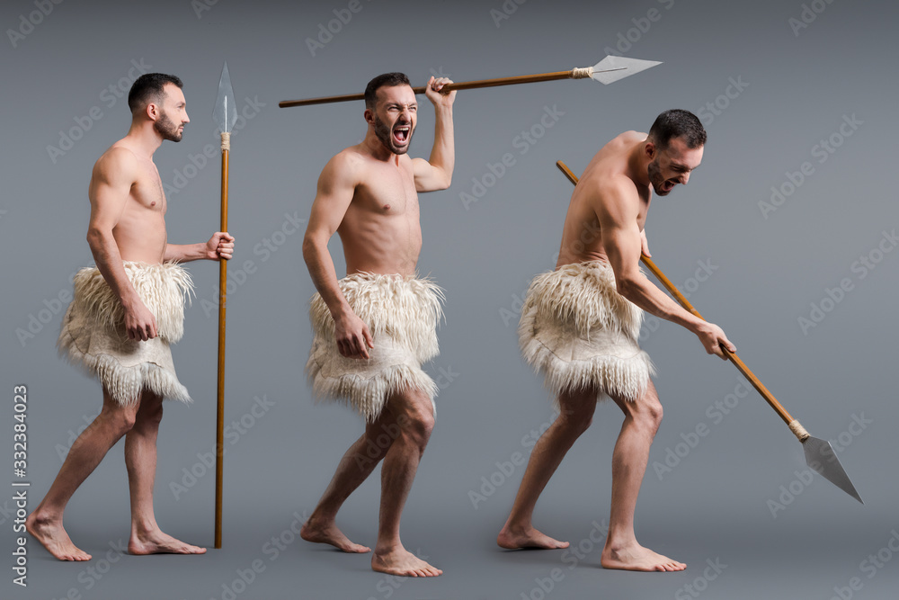collage of shirtless caveman with spear on grey, evolution concept ...