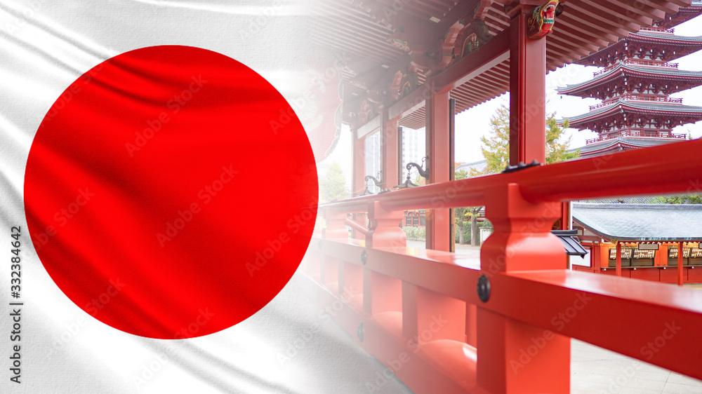 Japan. Flag of Japan next to the pagoda in Tokyo. Asakusa Temple ...