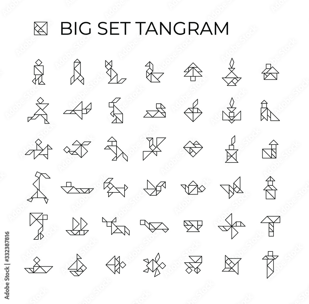 Big set tangram Linear illustration on a white background. 42 isolated ...