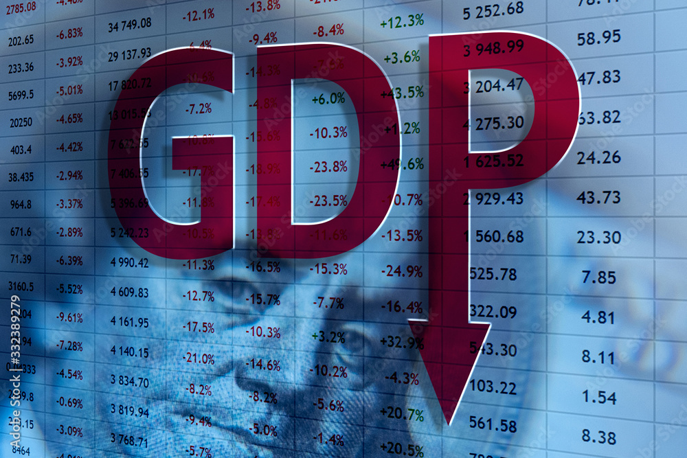 The fall in GDP. GDP logo with down arrow. The concept is a drop in US ...