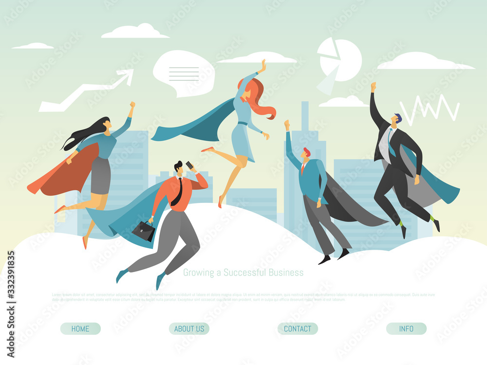 Superhero business people, successful men and women flying above city ...