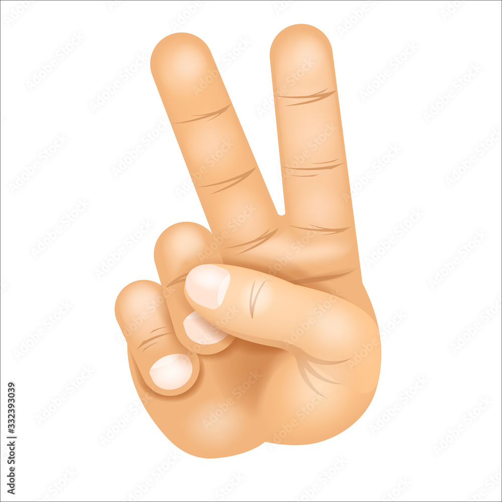 Cartoon realistic victory peace V sign hand gesture index middle ...