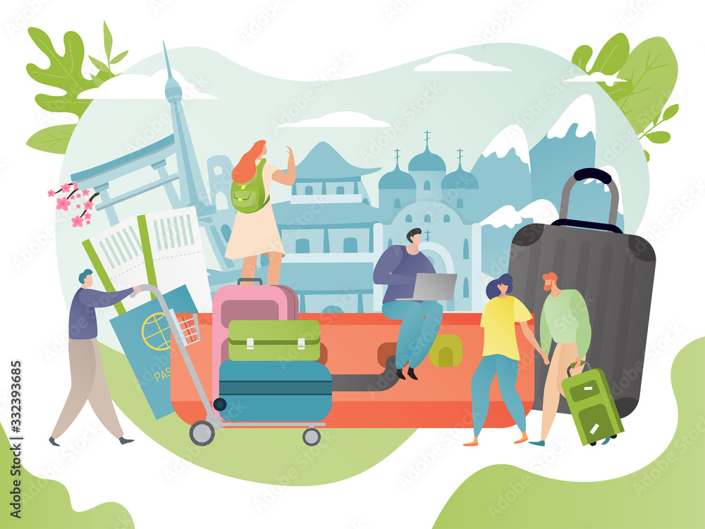 Travel tour concept, people sightseeing landmarks, worldwide ...