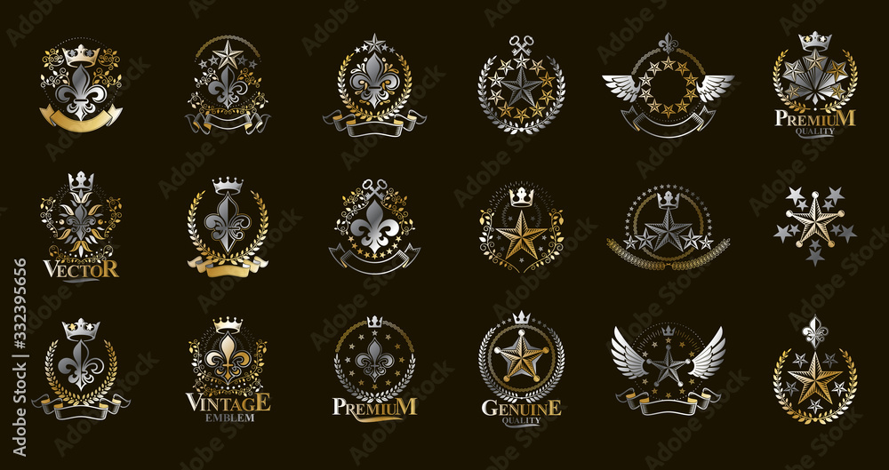 Classic style stars emblems big set, ancient heraldic symbols awards ...